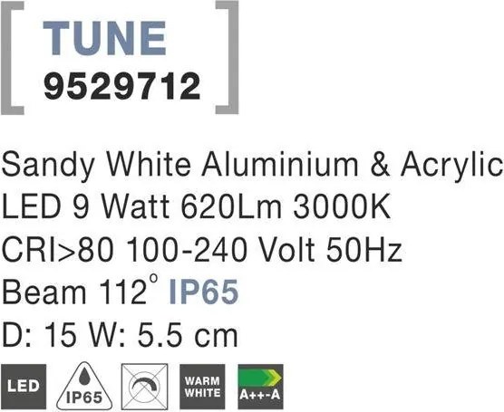 NV 9529712 Venkovní nástěnné svítidlo TUNE bílý hliník a akryl LED 9W 3000K 100-240V 112st. IP65 - NOVA LUCE