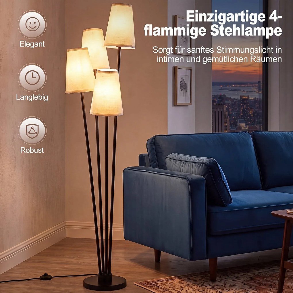 Costway 4-plamenová stojací lampa s nožním spínačem a 4 stínidla Moderní stojací