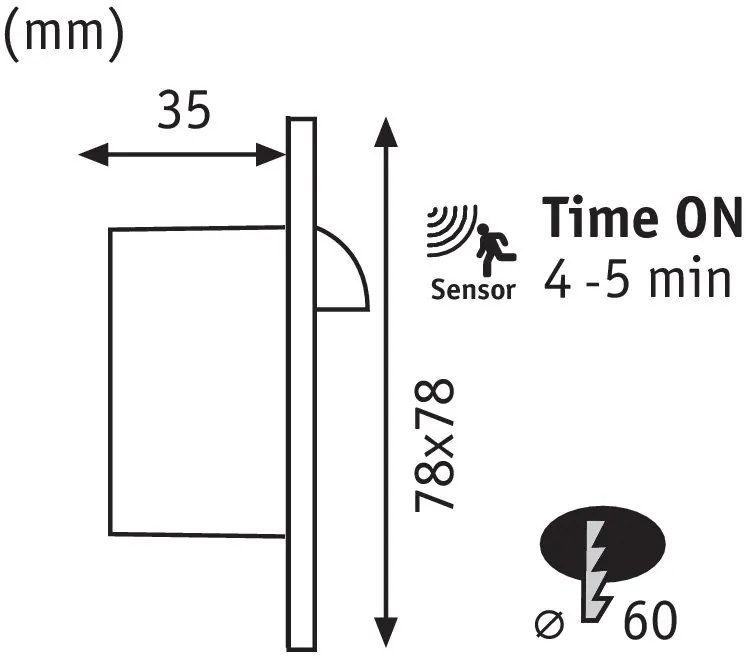 Paulmann 92923 Wand, zápustné svítidlo do KU68 se senzorem, 1×1,1 W LED, bílý plast, 230V, 7,8x7,8cm