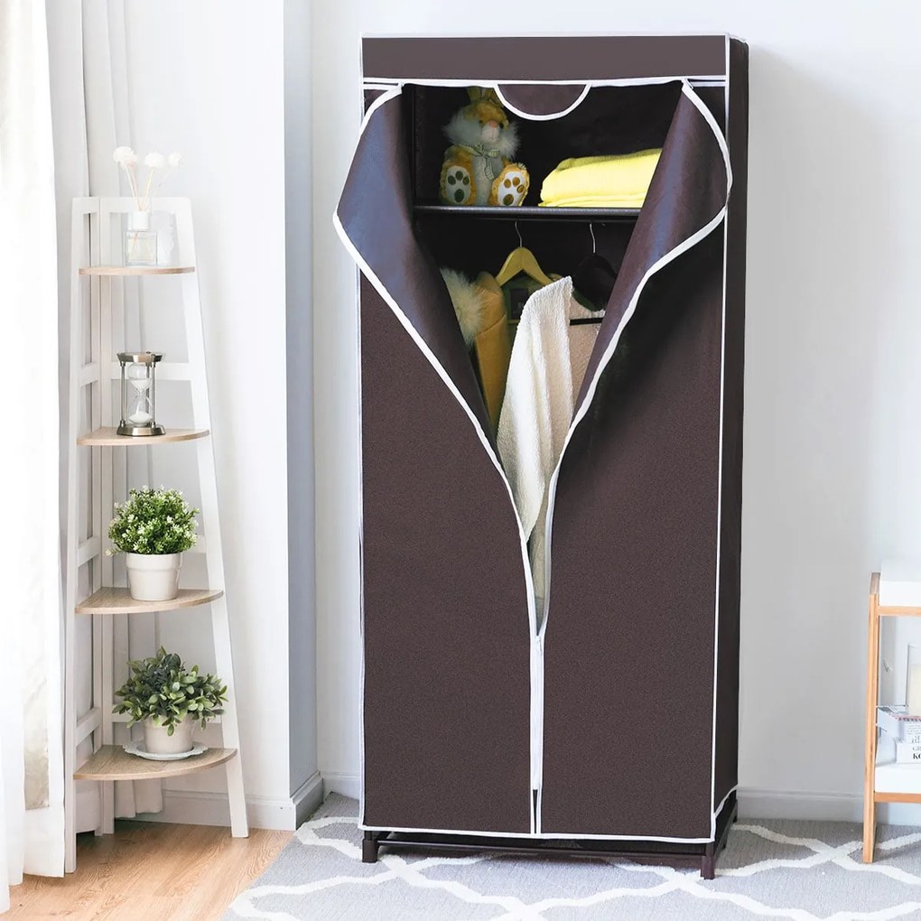 Costway Šatní skříň textilní látková s tyčí na šaty – 75 × 50 × 170 cm, hnědý