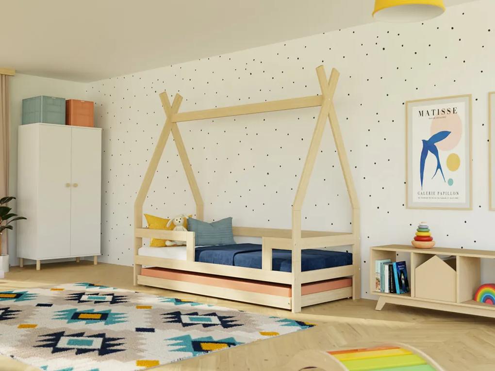 Benlemi Dětská dřevěná postel SAFE 5v1 ve tvaru teepee se zábranou a přistýlkou Zvolte barvu: Béžová, Zvolte rozměr: 90x180 cm, Zvolte zábranu: S otevřeným vstupem