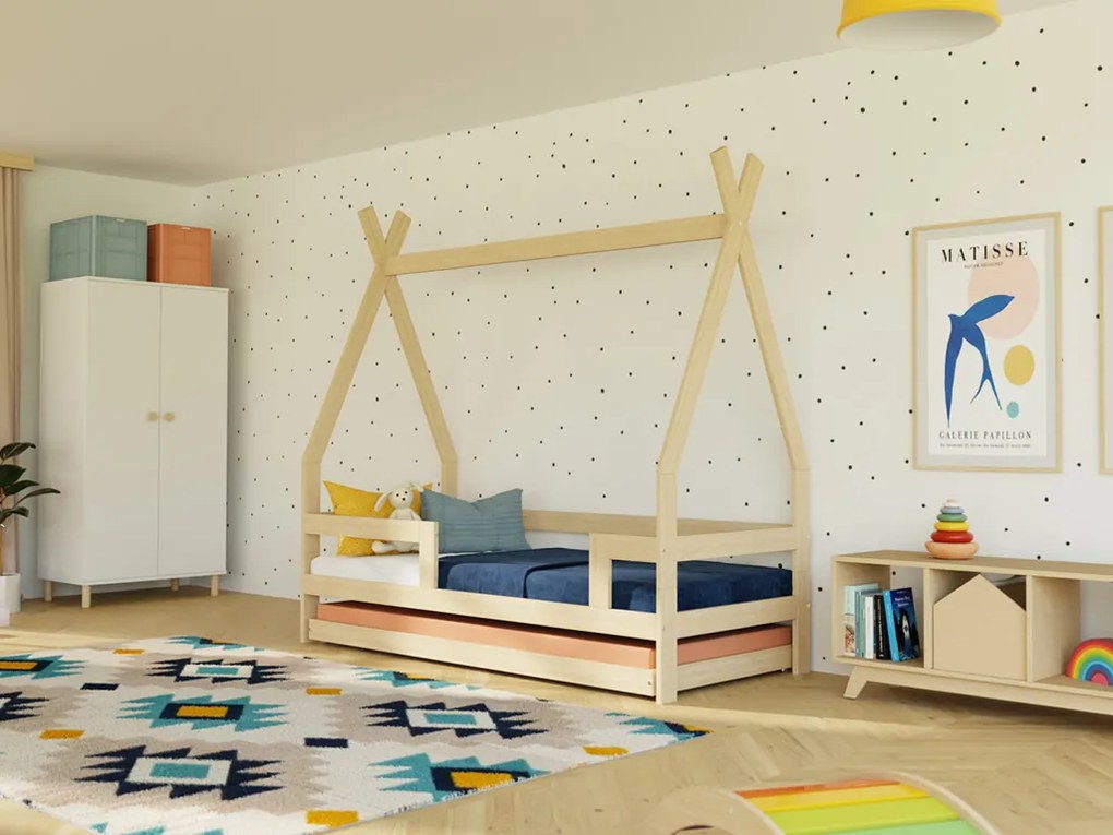 Benlemi Dětská dřevěná postel SAFE 5v1 ve tvaru teepee se zábranou a přistýlkou Zvolte barvu: Béžová, Zvolte rozměr: 90x190 cm, Zvolte zábranu: S jednou zábranou