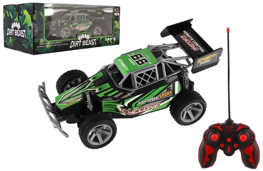 Auto RC Buggy rychlostní plast 23cm 27MHz na baterie zelené v krabici 35x13,5x18cm