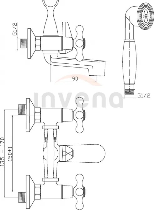 Invena Roma, vanová baterie s ruční sprchovou sadou, chromová, INV-BW-21-00S-L