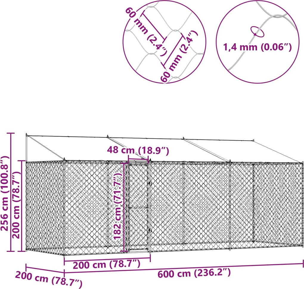 Psí klec s střechou Stříbrná 600 x 200 x 256 cm Ocel a PE 3368302