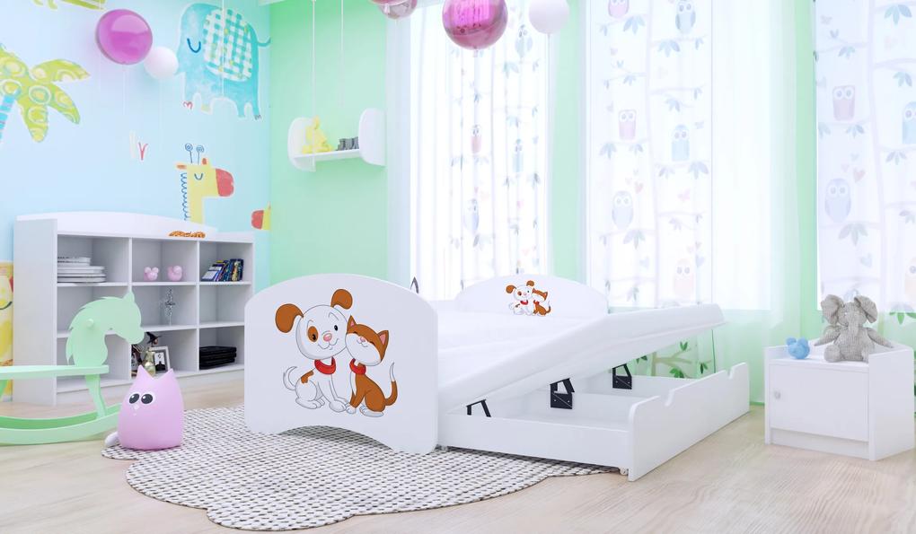 Svět pokojů Dětská postel Kevin pro dvě děti 180 x 90 cm - pejsek a kočička + matrace zdarma BÍLÁ