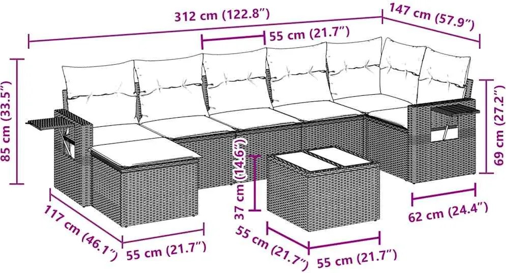8dílná zahradní sedací souprava s poduškami černá polyratan 3252823