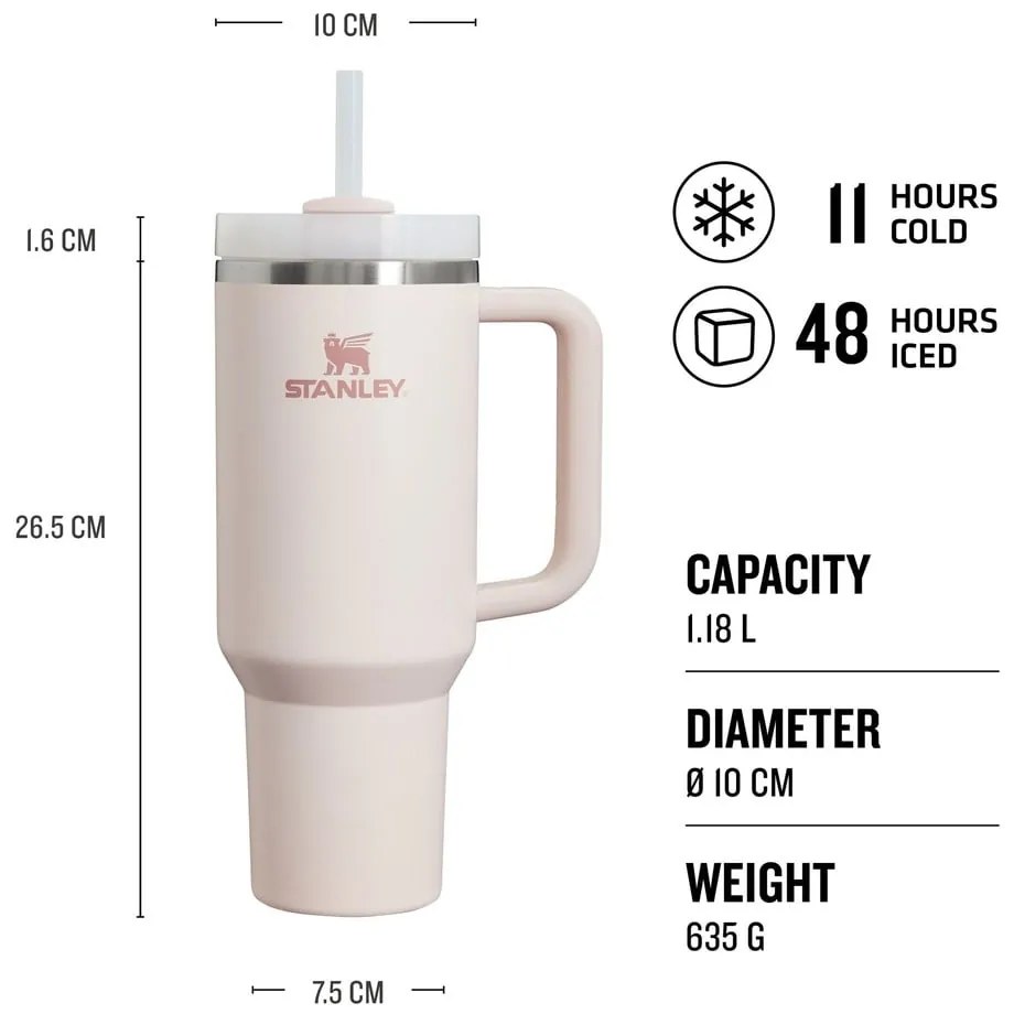 Světle růžová termoska s brčkem z nerezové oceli 1,18 l Quencher H2.0 FlowState Tumbler Rose Quartz – Stanley