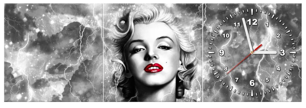 Gario Obraz s hodinami Elektrizující Marilyn Monroe - 3 dílný Rozměry: 90 x 30 cm