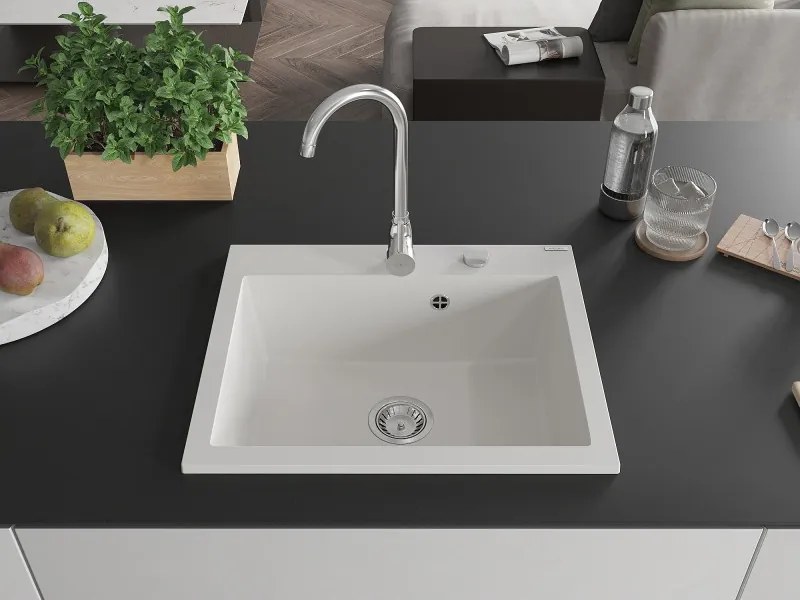 Mexen Elix granitový dřez 1-komorový 600 x 500 mm, bílý, sifon chrom - 6525601005-20