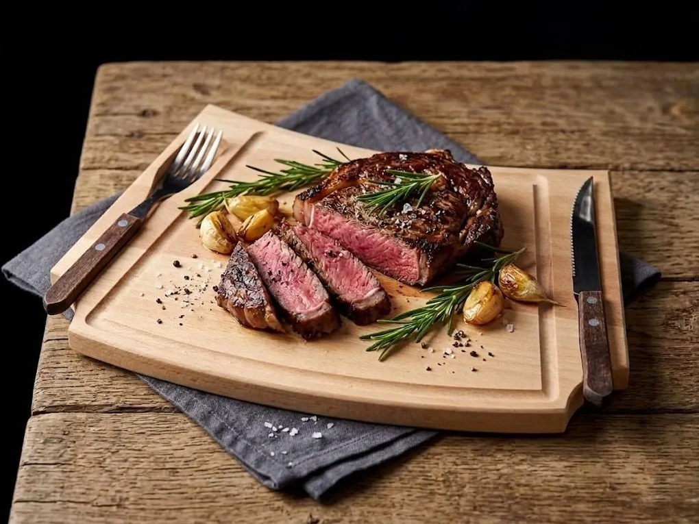 AMADEA Dřevěné prkénko na steak s příborem, masivní dřevo, rozměr 36x22x2 cm