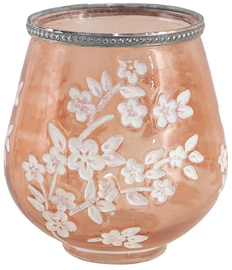 Béžovo-hnědý skleněný svícen na čajovou svíčku s květy Teane  - Ø 13*14 cm