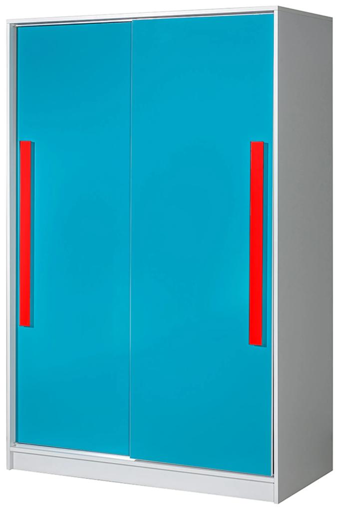Šatní skříň s posuvnými dveřmi GULIVER 12 Domel 120/191/60 barva: bílý mat/tyrkys lesk/fialové úchyty