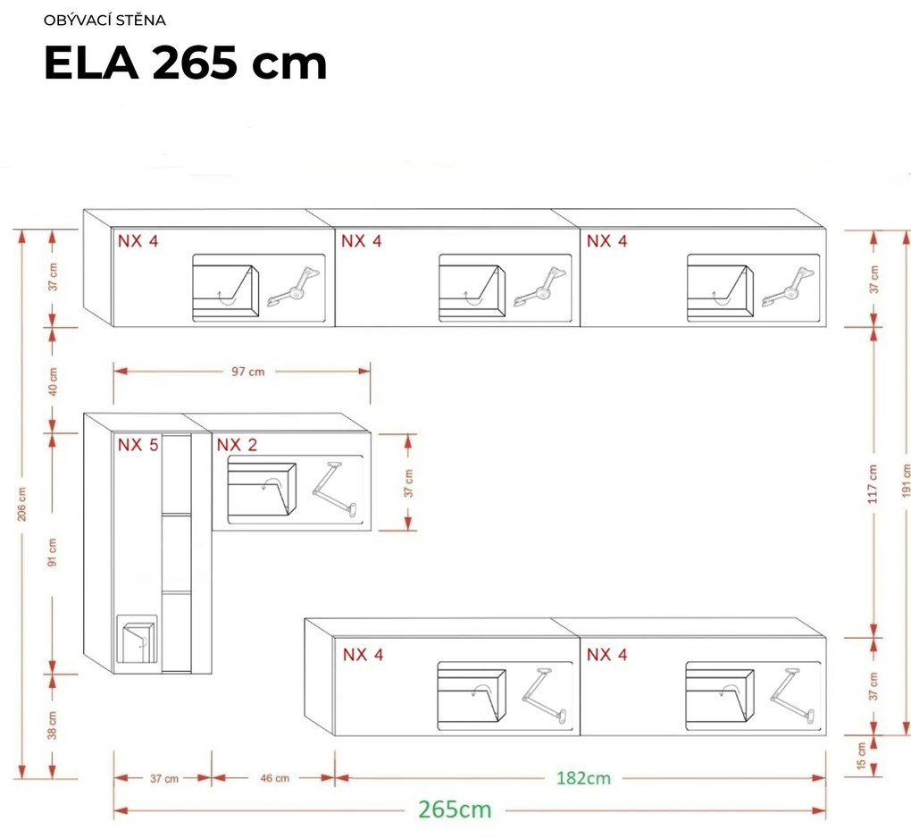 Ral Obývací stěna ELA 6, 265 cm - Černo/bílý lesk