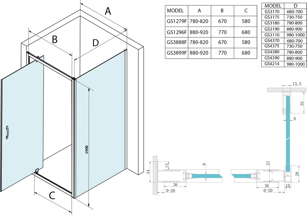 Gelco Gelco, SIGMA SIMPLY obdélníková sprchová zástěna pivot dveře 800x900mm L/P varianta, čiré sklo, GS1279GS3190