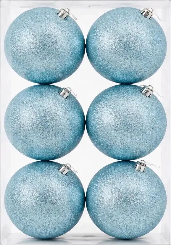 Sada vánočních ozdob světle modrá glitter 10 cm plastová koule, balení 6 ks