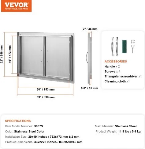 BBQ přístupová dvířka, 838 × 558 mm dvojitá venkovní kuchyňská dvířka