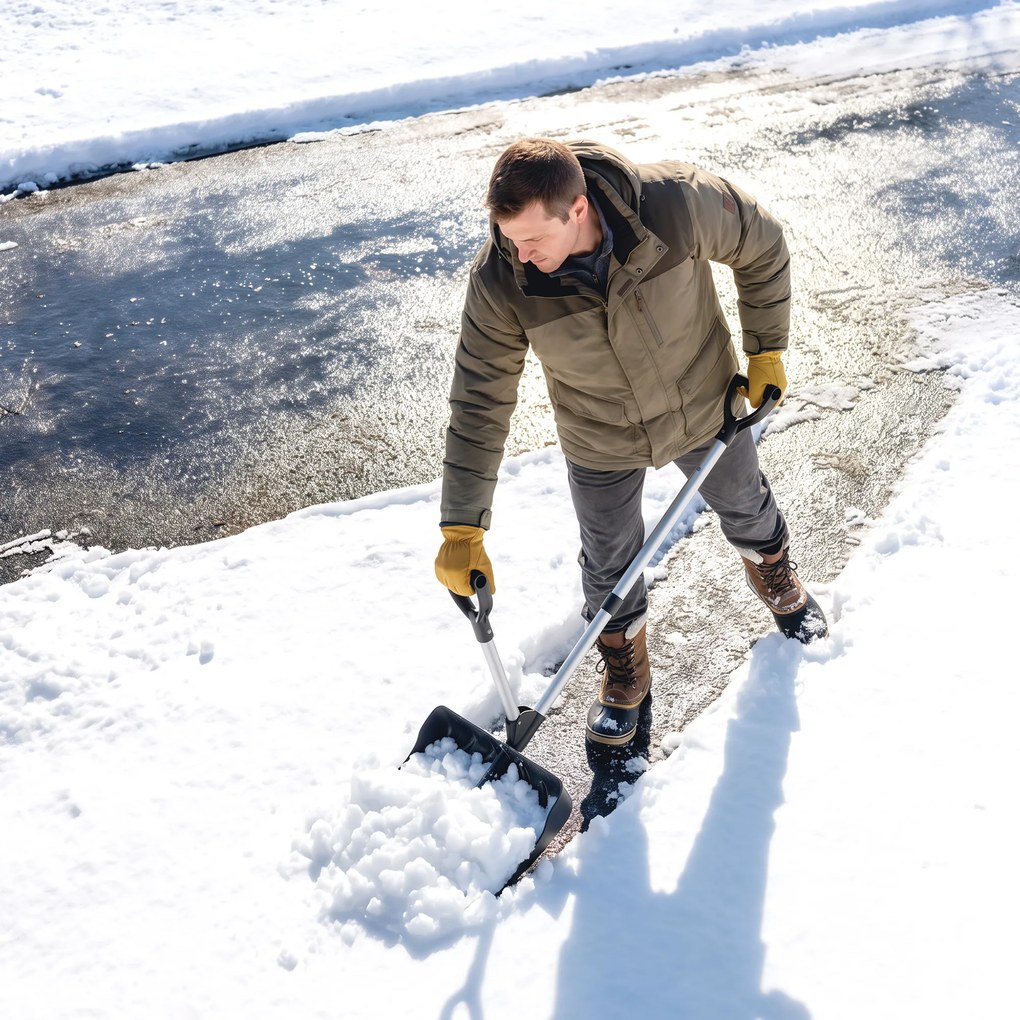 Outsunny Sněhový pluh 45 cm široký, plastová lopata na sníh s ergonomickou přídavnou rukojetí, odháněč sněhu s hliníkovou násadou a kovovým okrajem