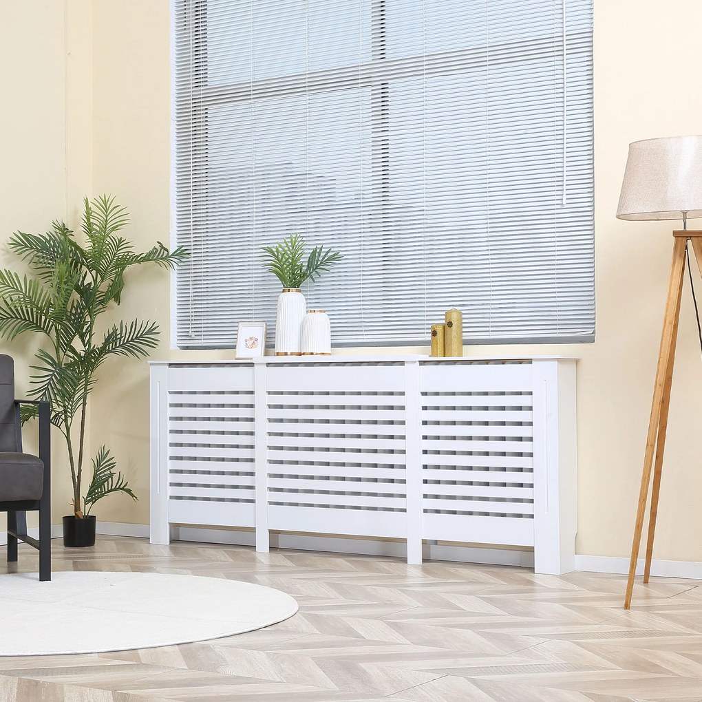 HOMCOM Nastavitelný kryt radiátoru s horní policí z MDF a dřeva, 140-202x19x82,5 cm, bílý