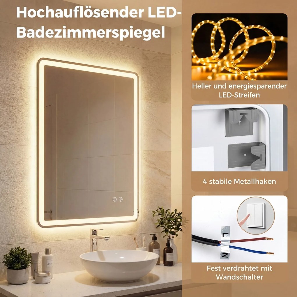 Costway Koupelnové zrcadlo s LED osvětlením a nástěnné zrcadlo – 70 × 50 × 3 cm