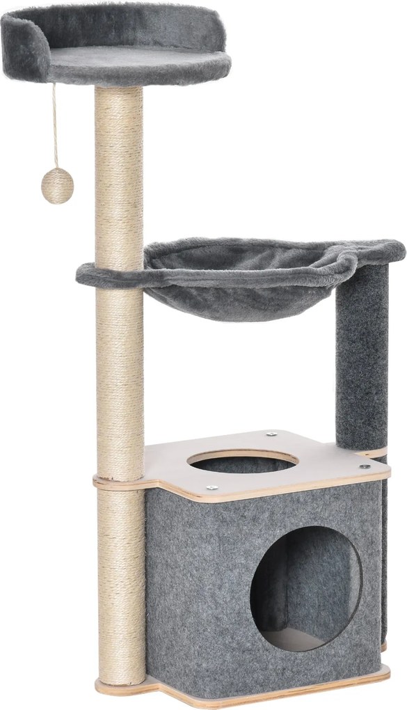 PawHut Kočičí Škrabací Strom 48x34x95 cm Kočičí Věž s Houpací Síťkou, Odnímatelnou Jeskyní, Visící Kuličkou a Sisalovými Sloupky Šedá | Aosom