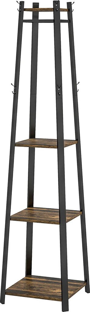 HOMCOM Stojan na kabáty se 8 háčky, 3 policemi a horní policí, trapezoidní design pro předsíň, ložnici a obývací pokoj, 34x34x170 cm, rustikální hnědá