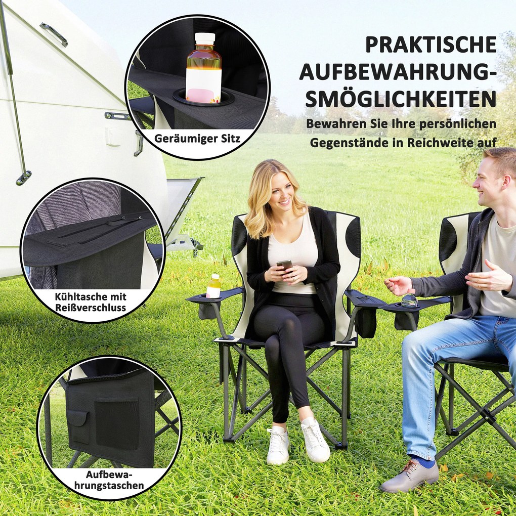 Outsunny Sada 2 skládacích kempingových židlí s opěrkami, držákem na nápoje, opěrkou hlavy a chlazením – Skládací židle do přírody s nosností až 120 …