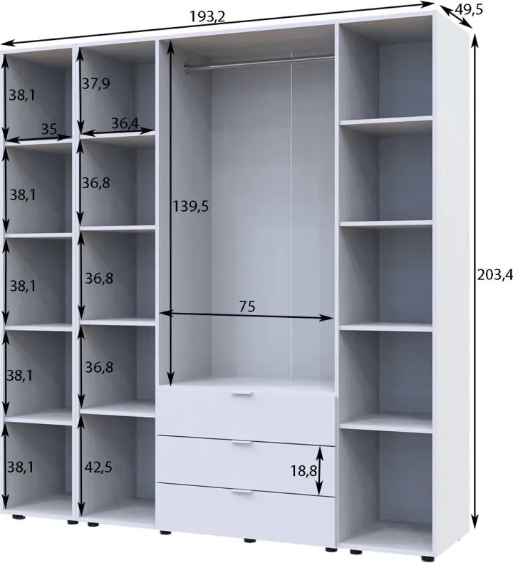 Skříň čtyřdveřová s regálem Gelar 193.2 cm Grafit