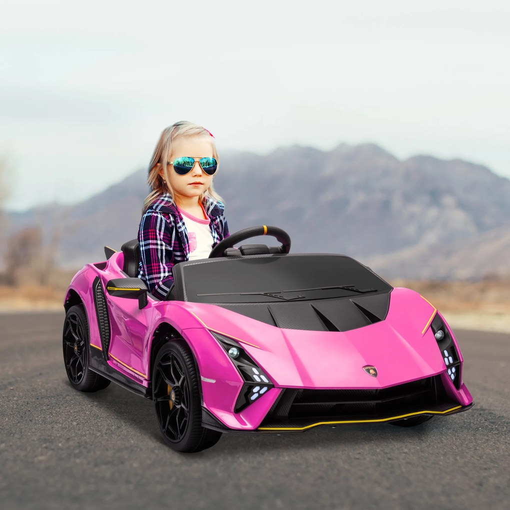 AIYAPLAY elektrické dětské auto 3-6 let, 12V Lamborghini Autentica s 2 motory, dveře křídlové, zavěšení, růžové