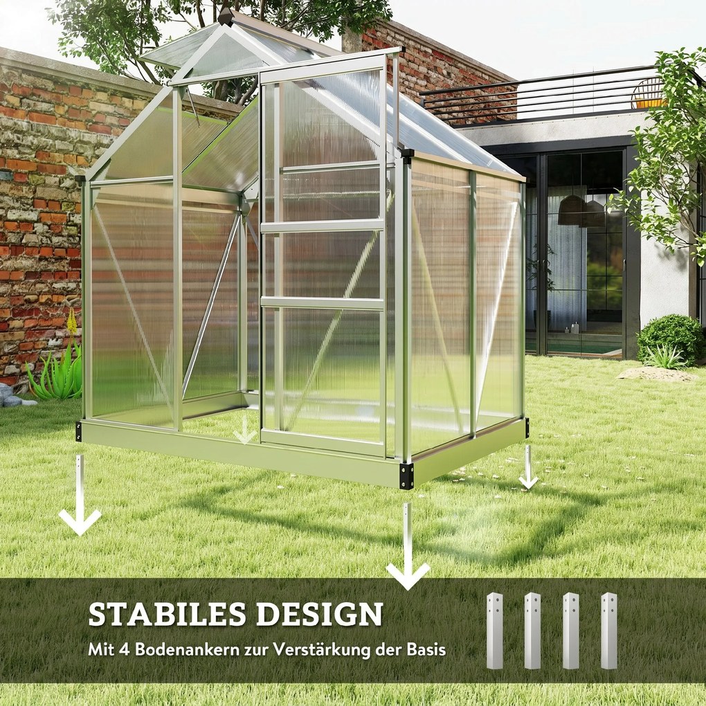 Outsunny hliníkový skleník 2,51 m² — 190 × 132 × 201 cm s pozinkovaným podstavcem, střešním větráním, posuvnými dveřmi, 4 mm UV-odolnými polykarbonát…