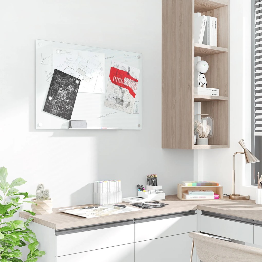 Magnetická tabule Vinsetto 90x60cm se 4 pery, 6 magnety, 1 houbičkou a poličkou, stojanová skleněná tabule k montáži na zeď