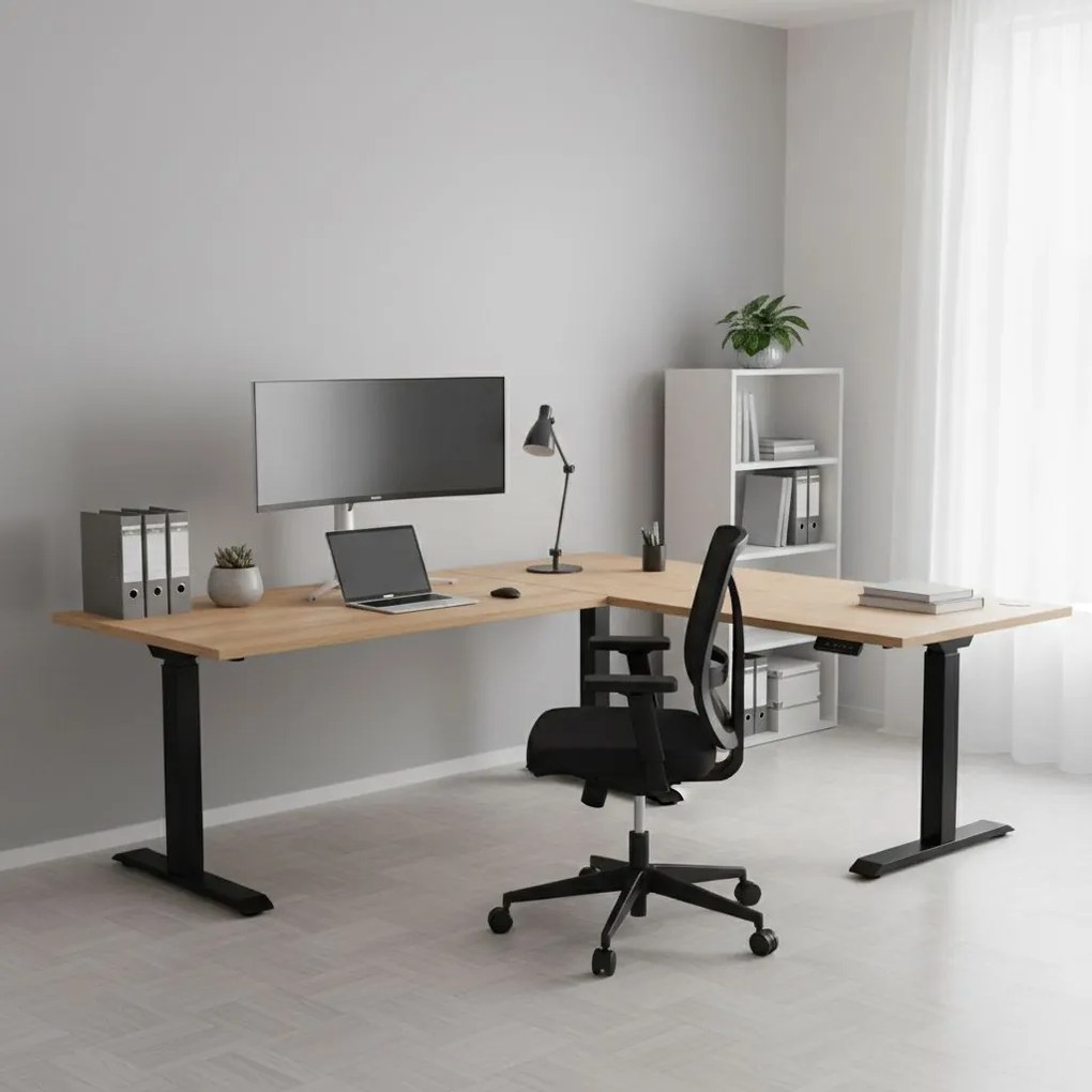 Výškově nastavitelný stůl OfficeTech Angle, 180 x 200 cm, černá podnož, dub kraft