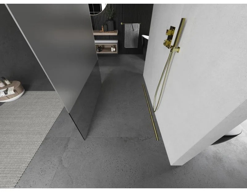 Mexen Kioto, sprchová zástěna Walk-In 130 x 200 cm, 8mm čiré sklo-námraza, zlatý matný profil, 800-130-002-55-35
