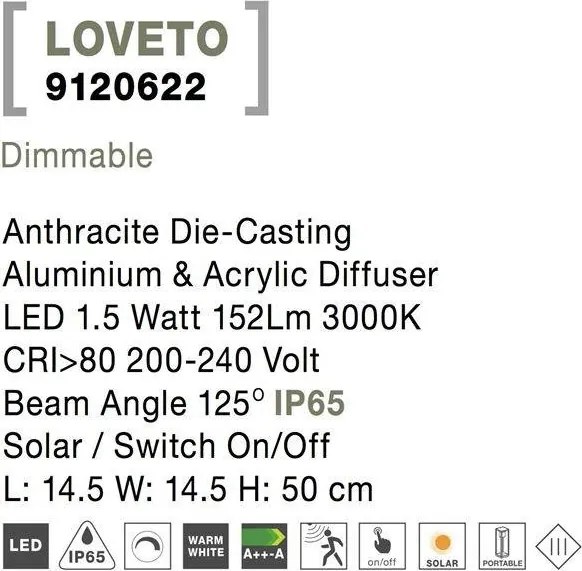NV 9120622 Venkovní sloupkové svítidlo LOVETO antracitový hliník a akrylový difuzor LED 1.5W 3000K 3.7V 125st. IP65 solární / vypínač na těle / pohybový senzor - NOVA LUCE