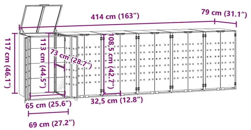 vidaXL Box na 6 popelnic černý 414 x 79 x 117 cm ocel