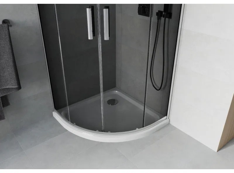 Mexen Rio, čtvrtkruhový sprchový kout s posuvnými dveřmi 80 x 80 cm, 5mm šedé sklo, chromový profil + bílá sprchová vanička, 863-080-080-01-40-4110