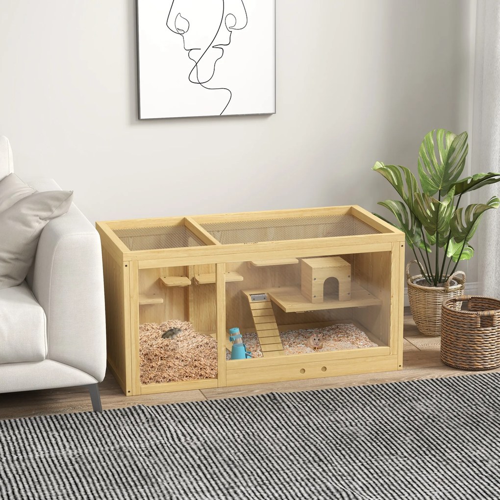 PawHut klec pro křečky dřevěná bouda pro malá zvířata, domeček pro pískomily, s houpačkami, žebříky, otevírací střechou, bouda, 100cm, přírodní