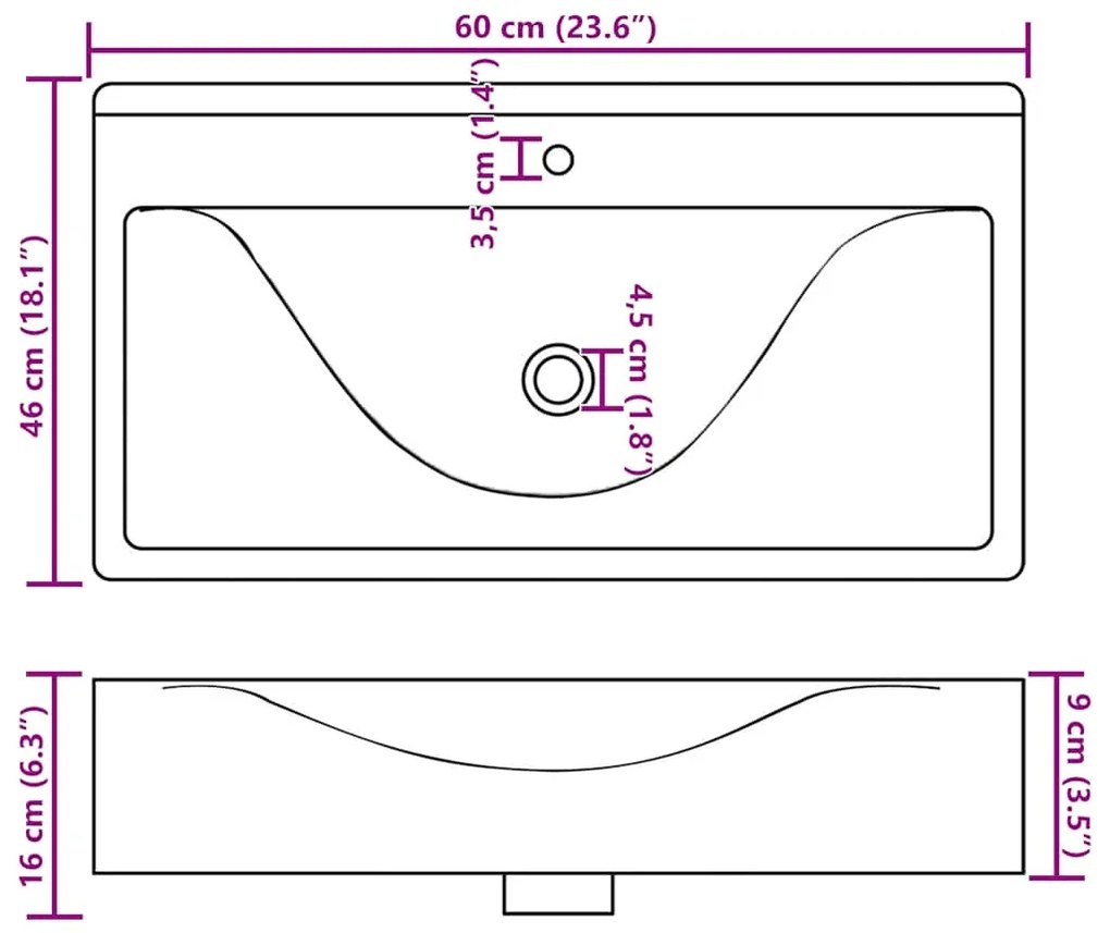 vidaXL Keramické umyvadlo obdélníkové bílé s otvorem na baterii 60 x 46 cm
