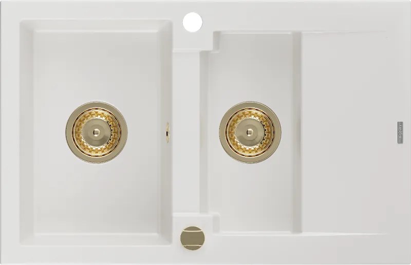 Mexen Gaspar, granitový dřez 737x475x177 mm, 1,5-komorový, bílá se zlatým sifonem, 6507731505-20-G