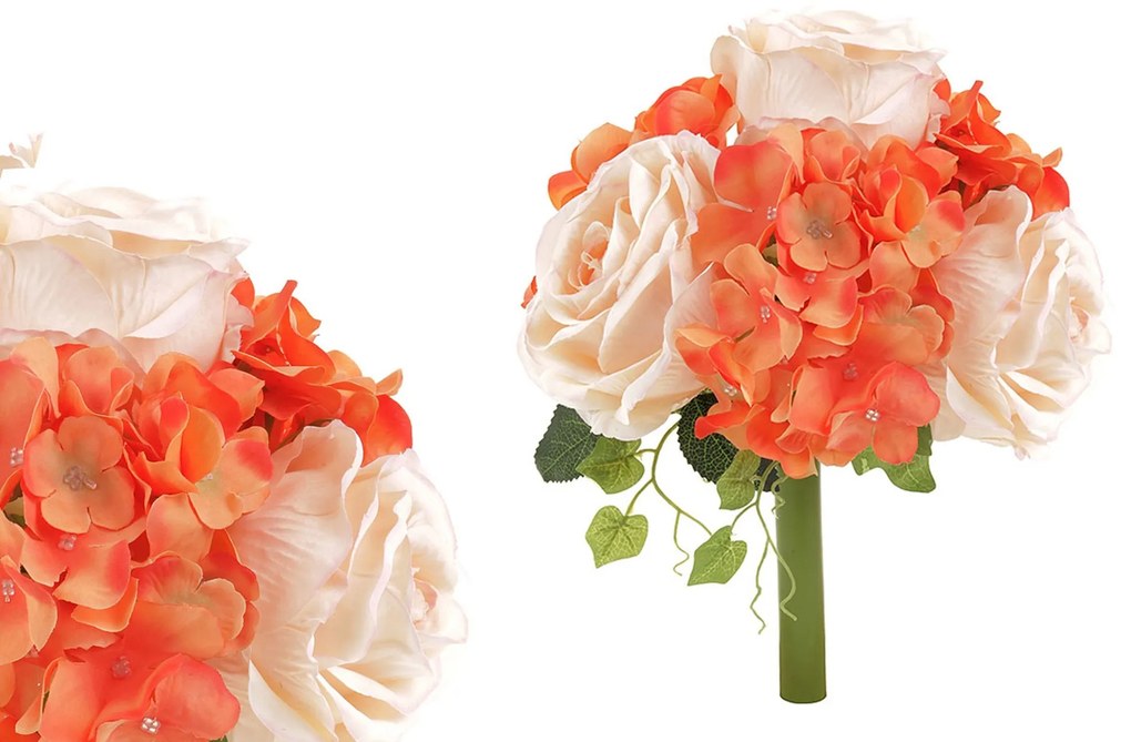 Hortenzie a růže KN5123-MIX2, puget, barvy oranžová a smetanová, květina umělá