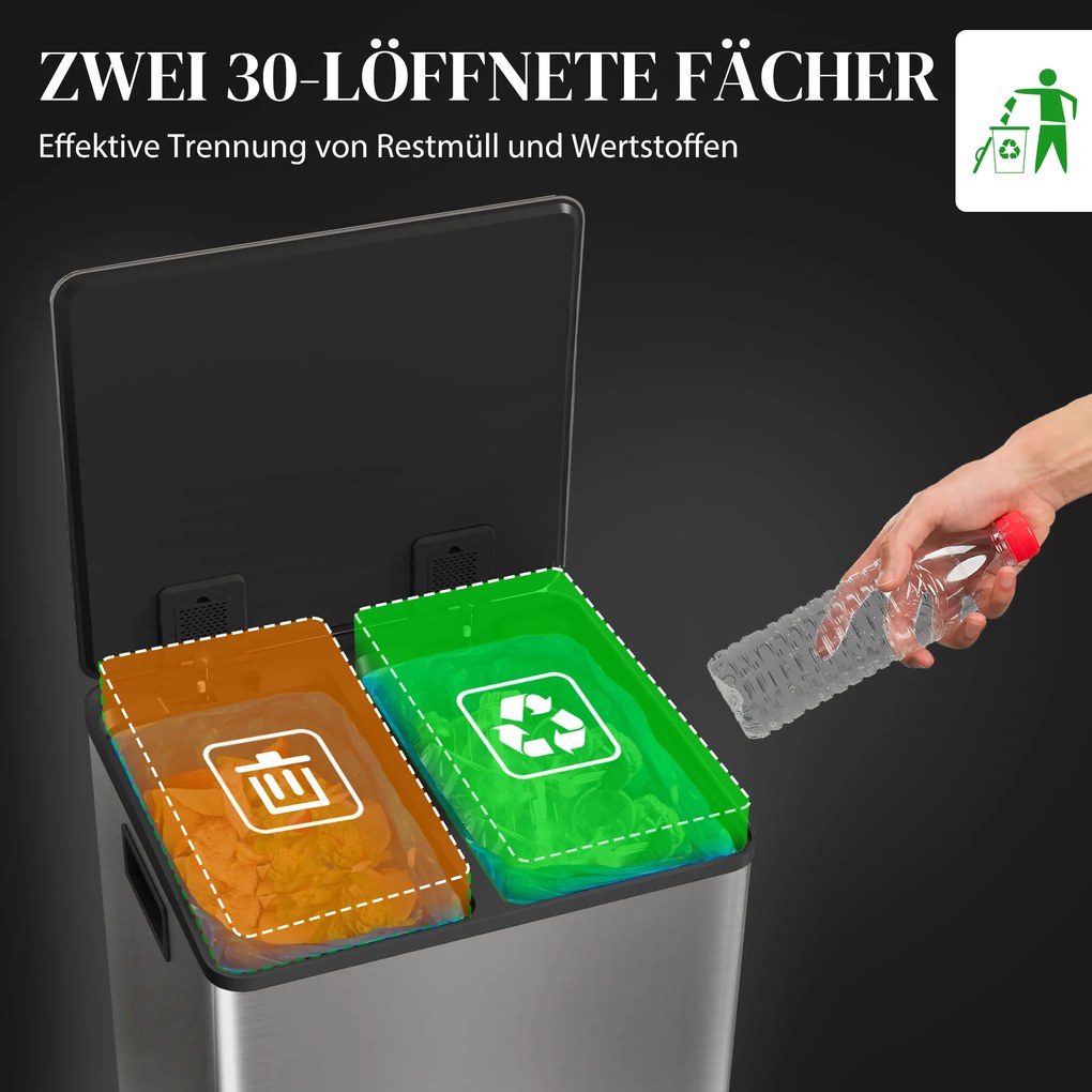 Odpadkový koš s přihrádkami o objemu 2x30 l, měkce zavíratelné víko, odolný proti otiskům prstů, nerezová ocel, stříbrná barva