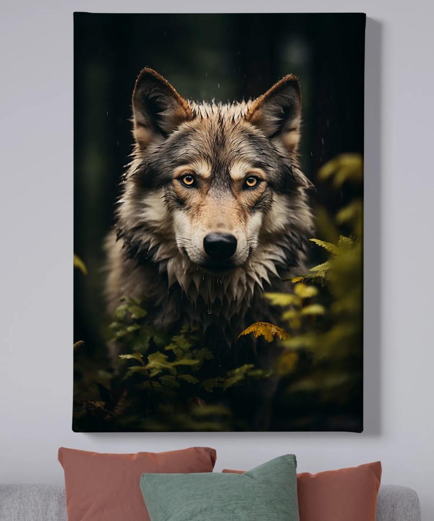 Obraz na plátně - Vlk promočený od deště v houštině FeelHappy.cz Velikost obrazu: 140 x 210 cm