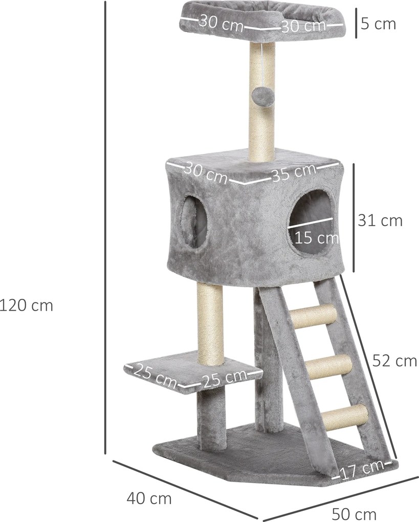 Škrabadlo PawHut stabilní s jeskyní a žebříkem 60 x 48 x 122 cm pro malé kočky ze sisalu ve světle šedé barvě | Aosom.de