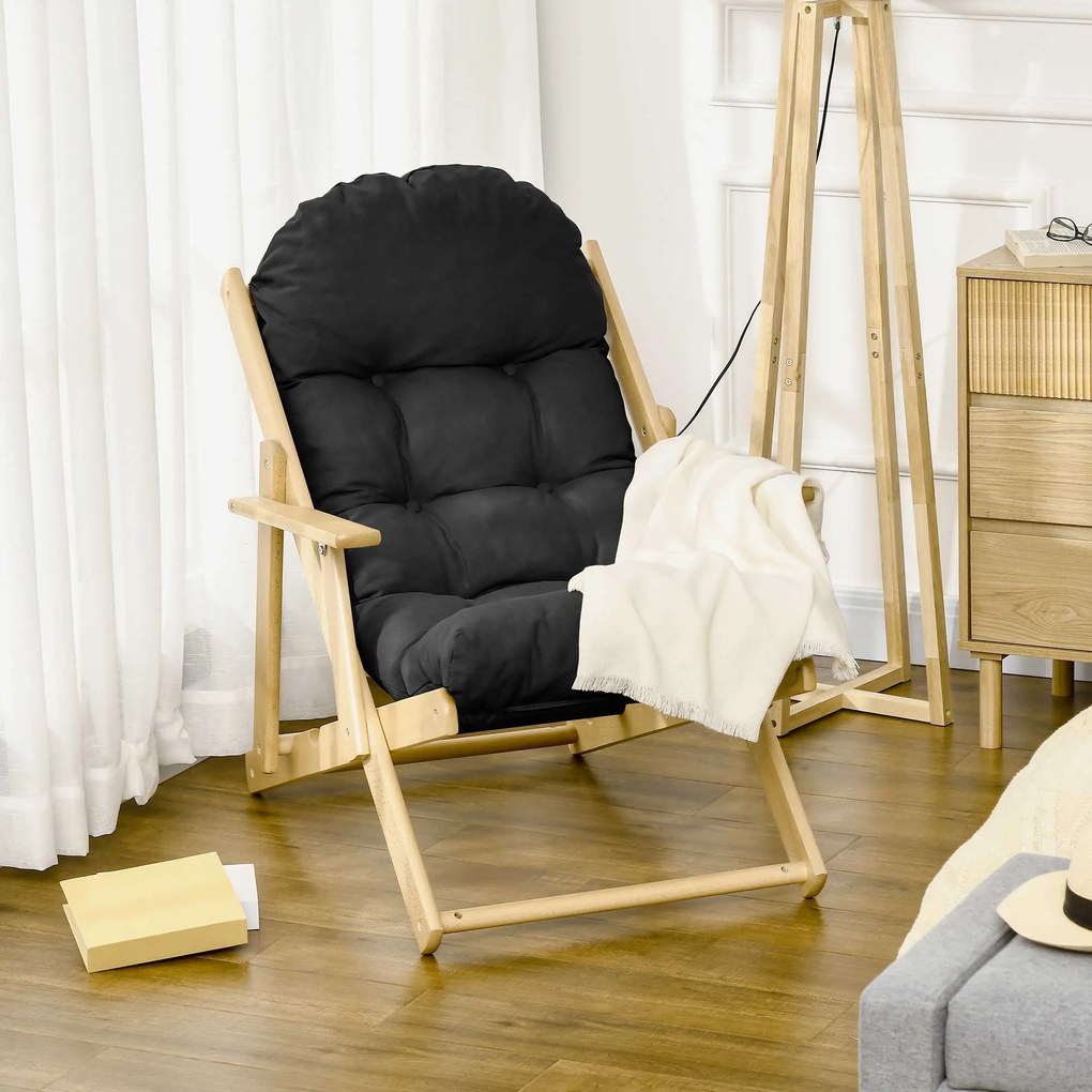 Skládací a polohovací dřevěné křeslo HOMCOM s tlustým polstrovaným polštářem - 71 x 89 x 96 cm Černé
