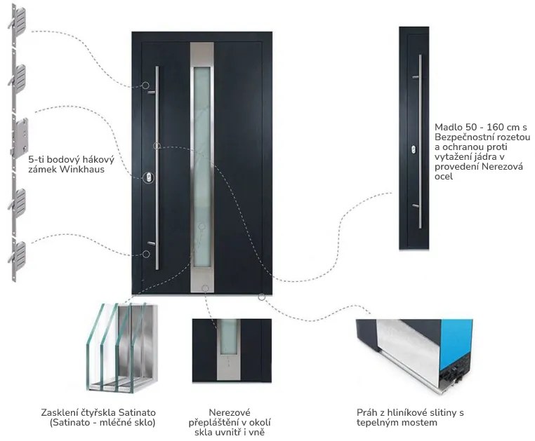 Vchodové dveře s ocelovým opláštěním FM Turen model DS06 Orientace dveří: Levé, otevírání dovnitř, Dekor: Antracit, Standardní rozměr dveří včetně rámu: 100 cm x 210 cm - vnější rozměr rámu