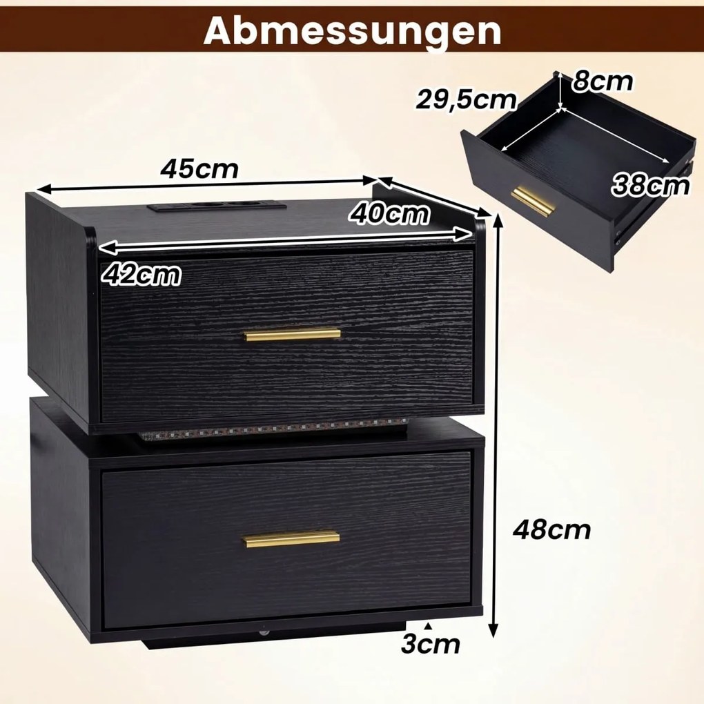 Costway Noční stolek s nabíjecí stanicí LED 2 zásuvky moderní poloplovoucí