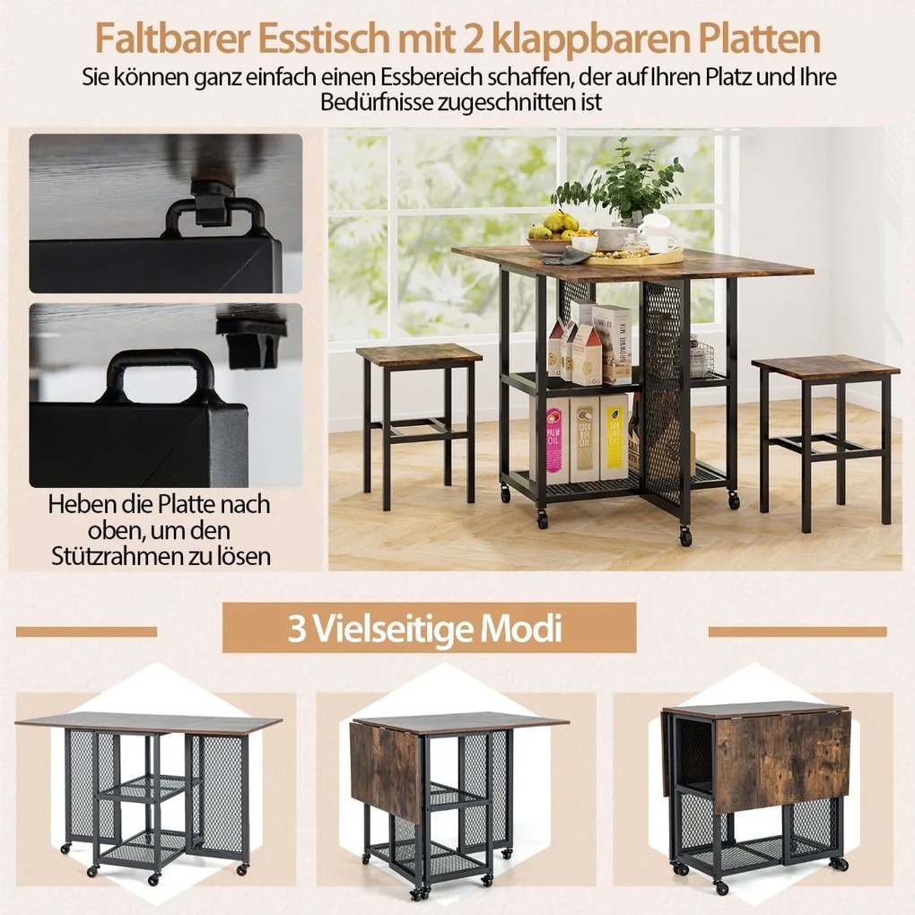 Costway 3 ks. Klappbares Esstisch-Set Ausziehbarer Esstisch mit 2 Hockern a 2