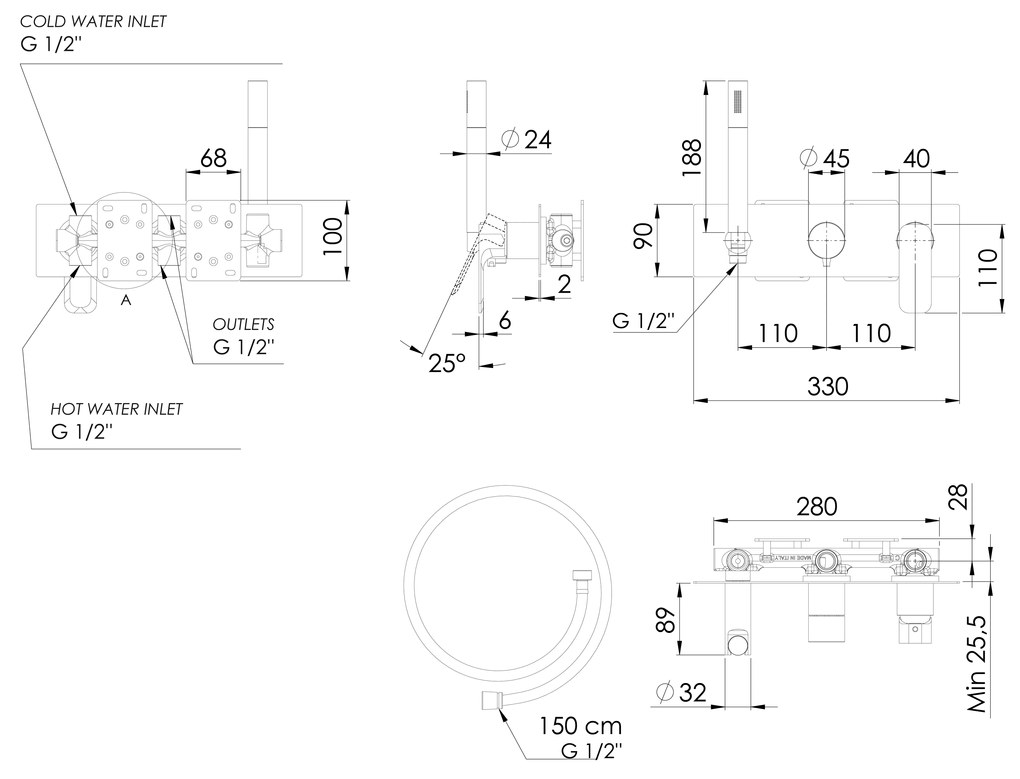 Sapho Sapho, SPY podom. sprch. baterie, ruční sprcha, 3 výstupy, PY53