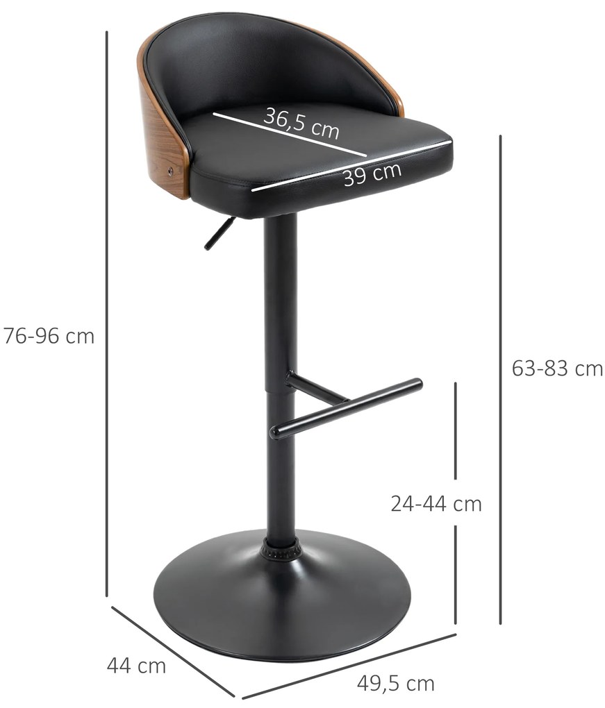 HOMCOM sada 2 barových židlí otočné barové židle s podnožkou výškově nastavitelné imitace kůže dřevo 48 x 49,5 x 76-96 cm do kuchyně a baru | Aosom.de