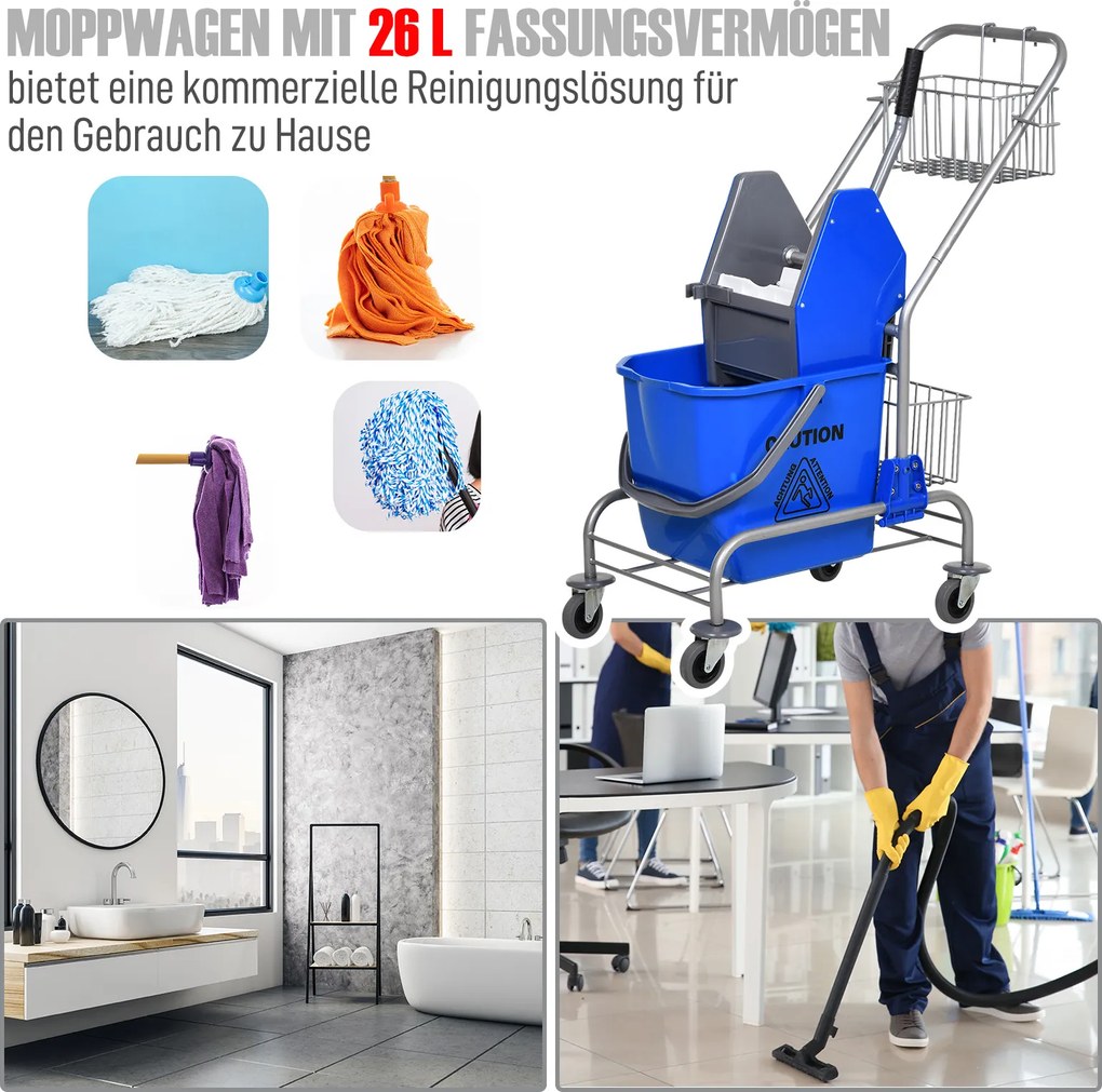 HOMCOM Úklidový kbelík, kbelík na mop, svinovací, plastový, kovová rukojeť, modrý